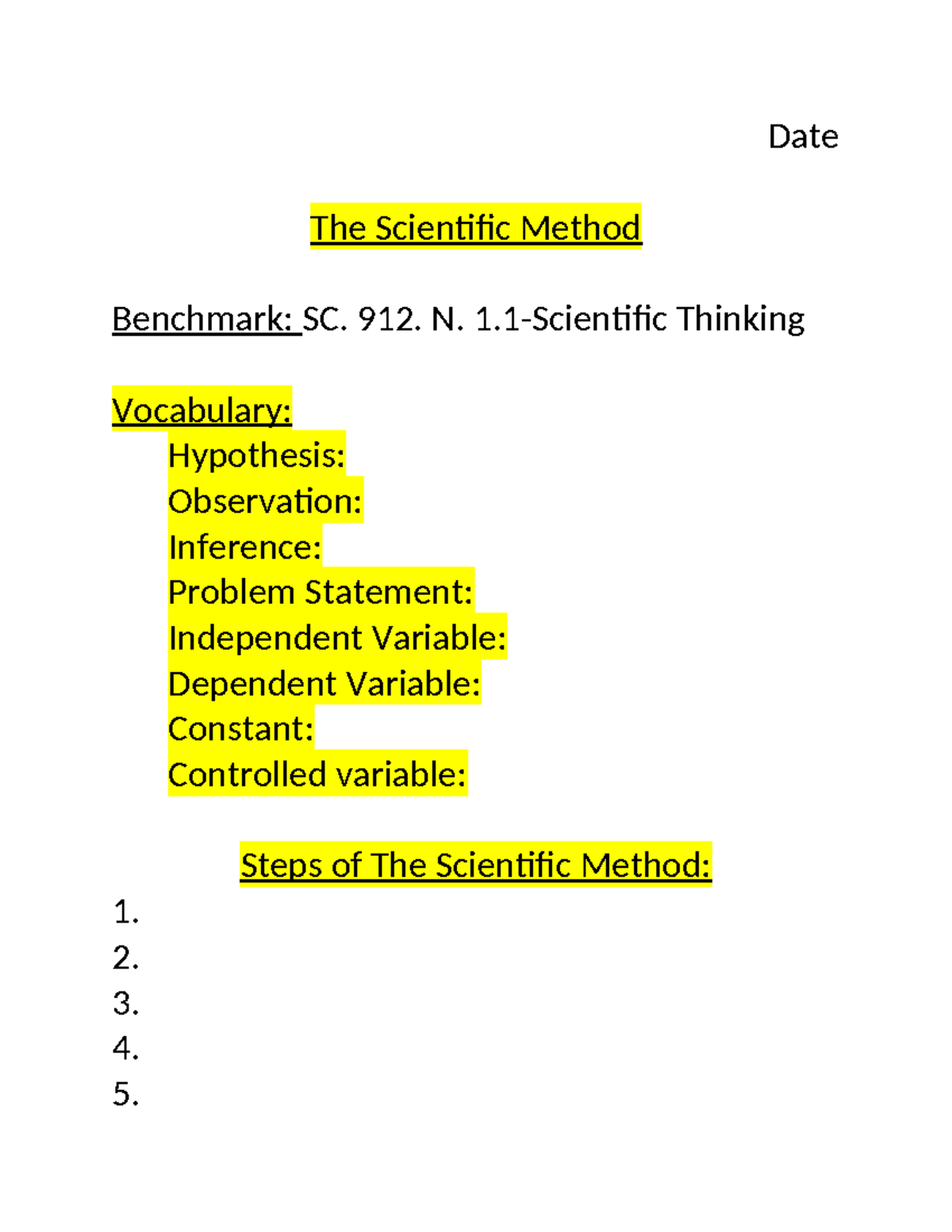 1 - dsfg - SCS 100 - Date The Scientific Method Benchmark: SC. 912. N ...