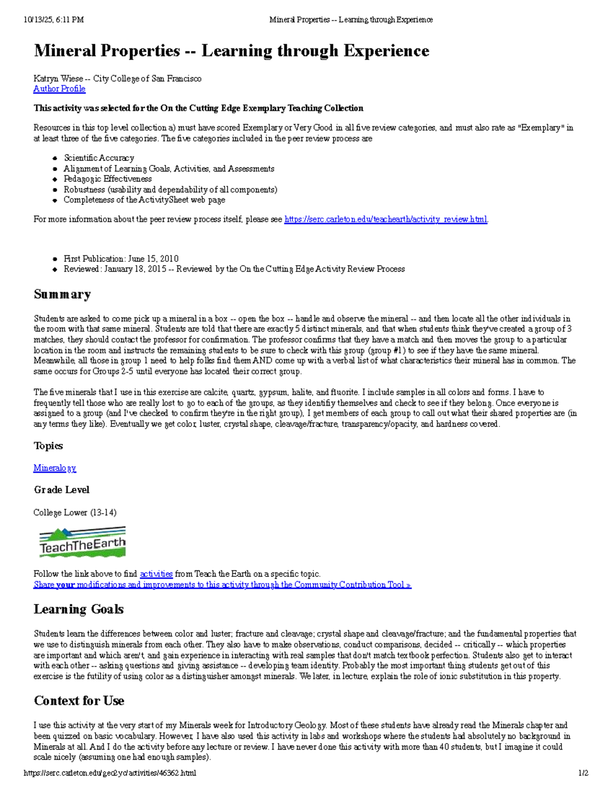 Mineral Properties - Learning through Experience (GEOL 101) - Studocu