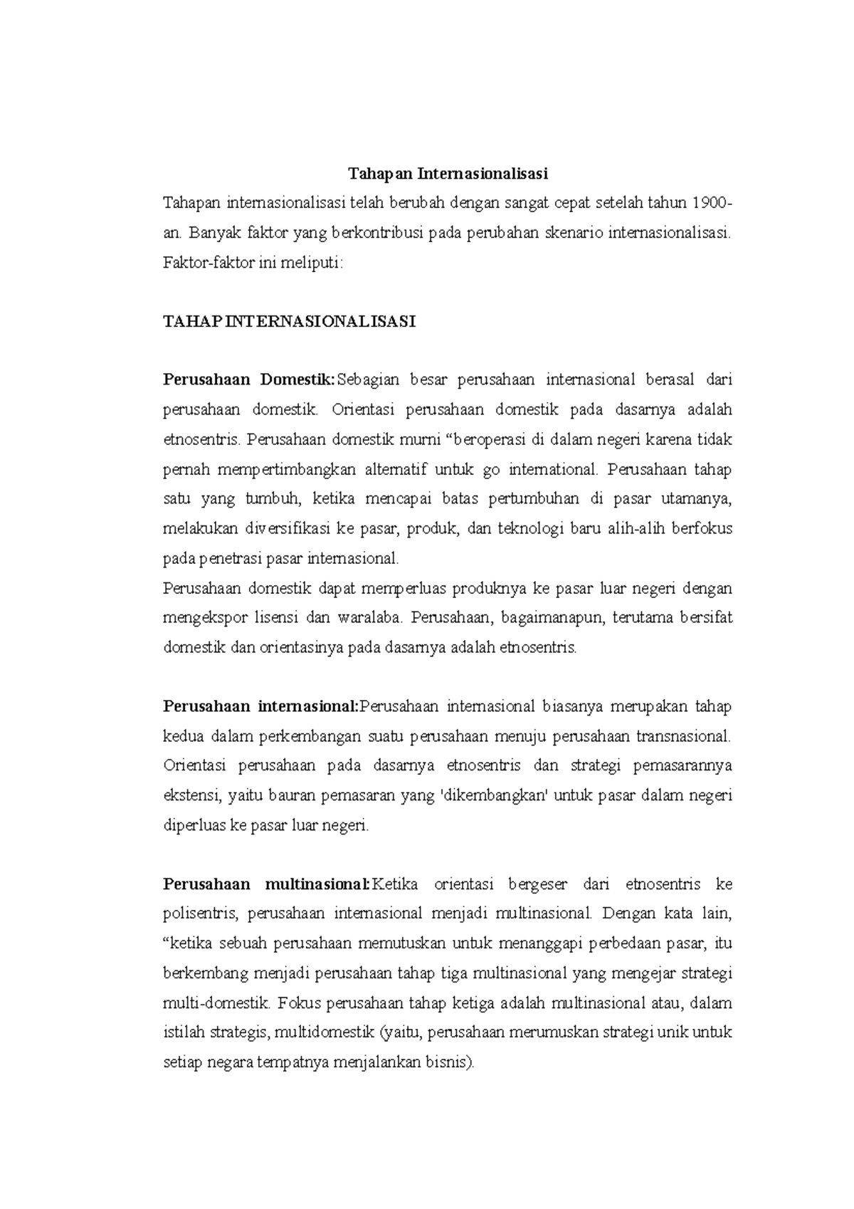 Tahapan Internasionalisasi dan Pengaruh Globalisasi dalam Bisnis - Studocu