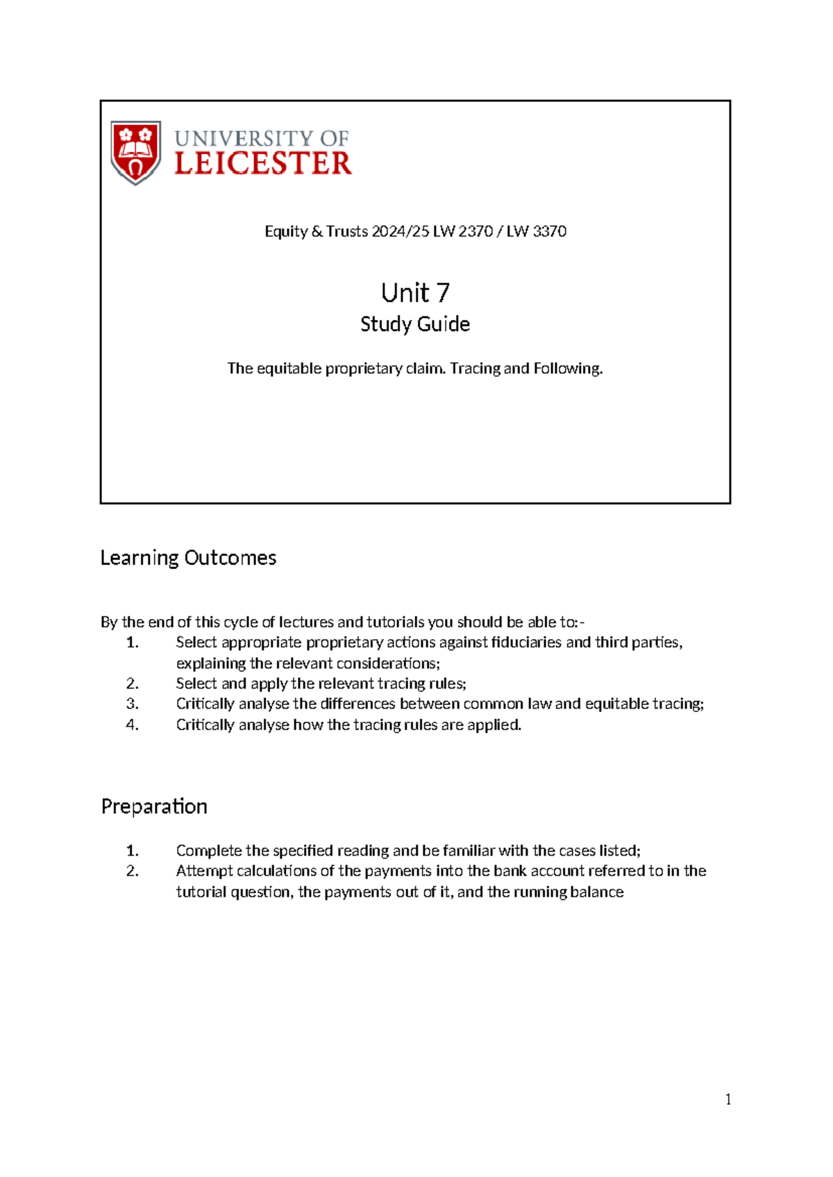 Equity Trusts LW 2370 LW 3370 Unit 7 Study Guide: Tracing & Following ...