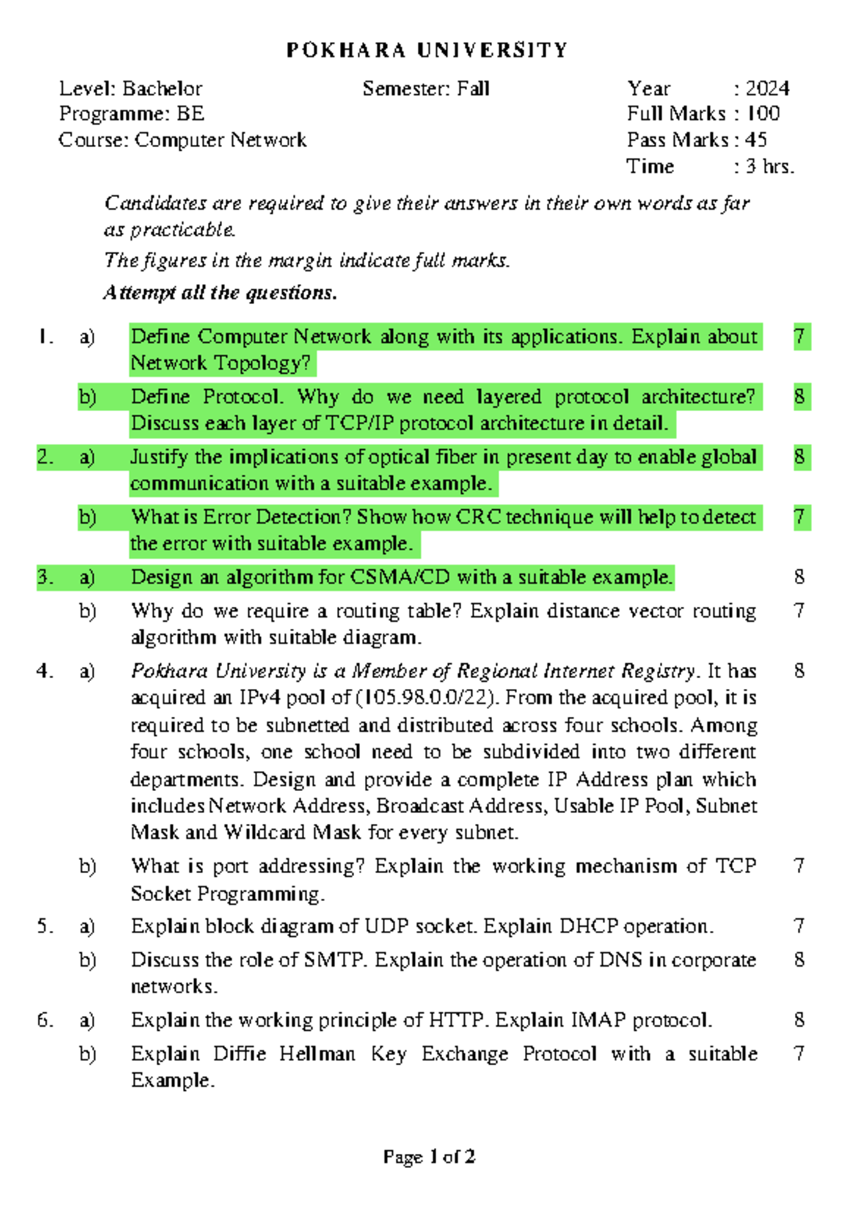 Computer Network BE 2024 Fall Exam Guide - Studocu
