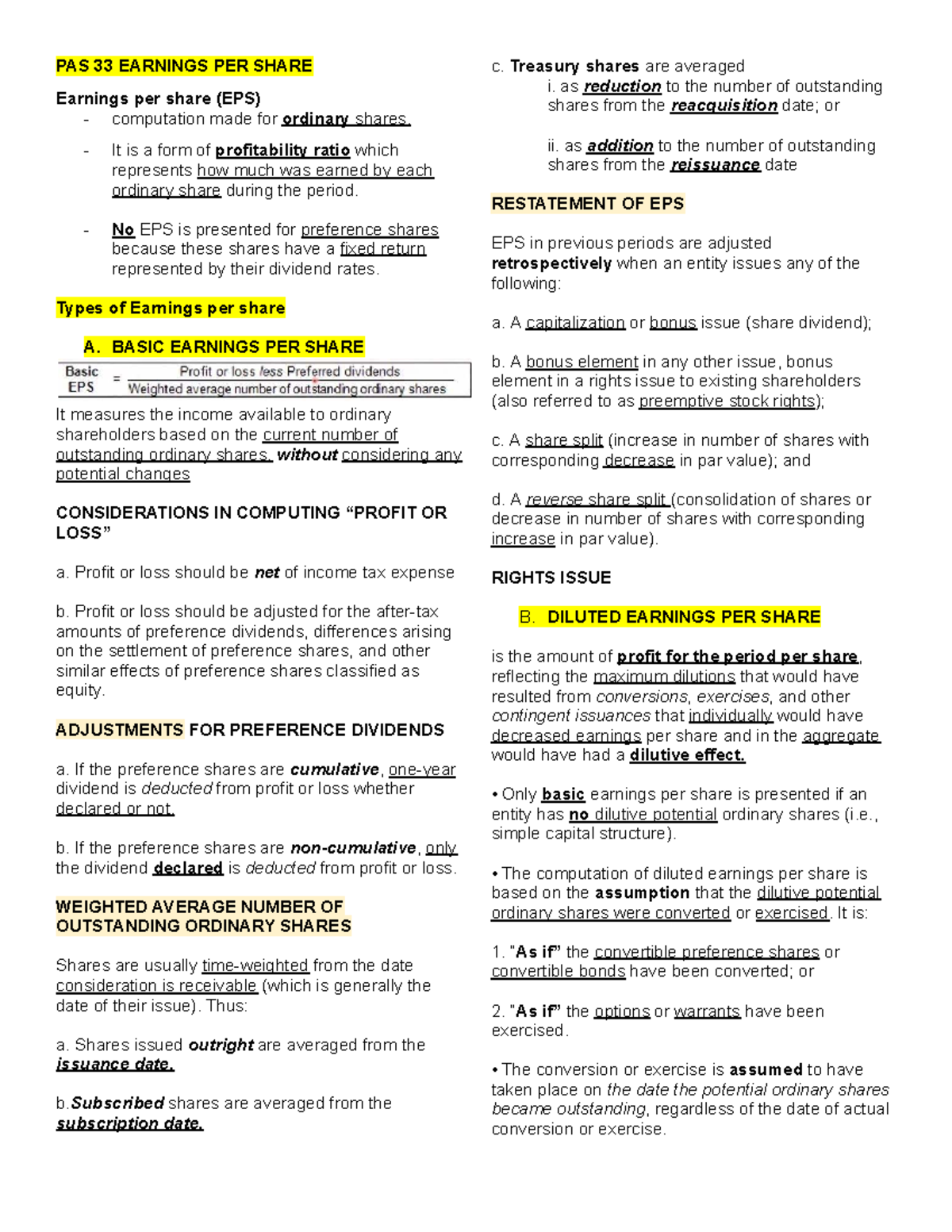 CFAS 20: PAS 33 - EARNINGS PER SHARE LECTURE NOTES - Studocu
