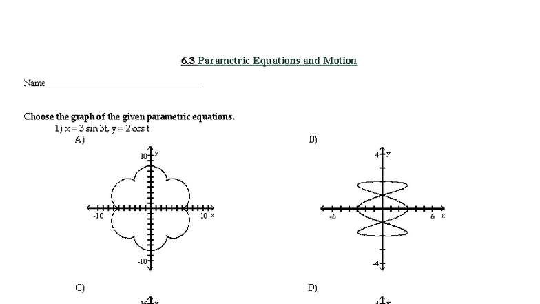 6.3 Parametric Equations and Motion: Graphing and Parameterization ...