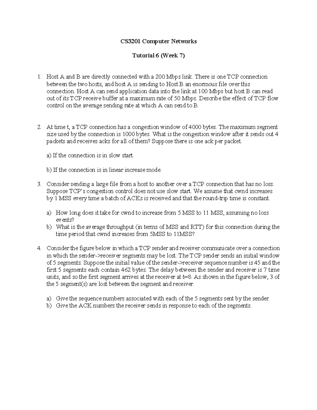CS3201 Computer Networks Tutorial 6: TCP Flow Control & Congestion - Studocu