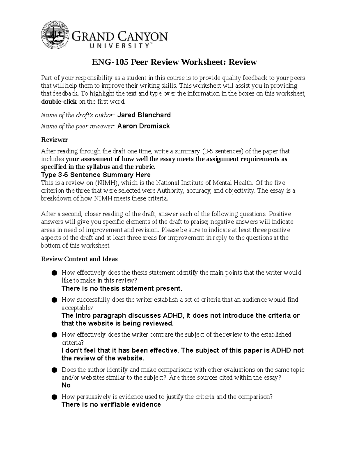 ENG105 Week 4 Peer Review Worksheet and Feedback Guide - Studocu