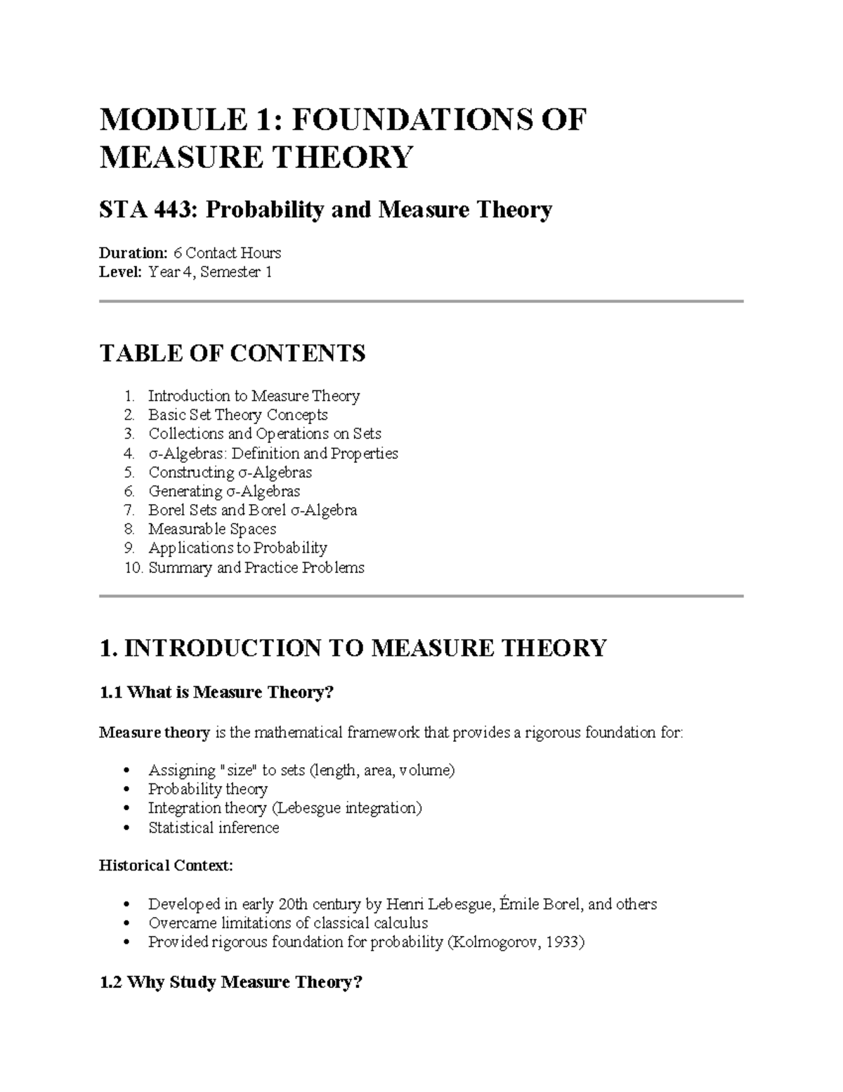 STA 443: Foundations of Measure Theory - Module 1 Notes - Studocu