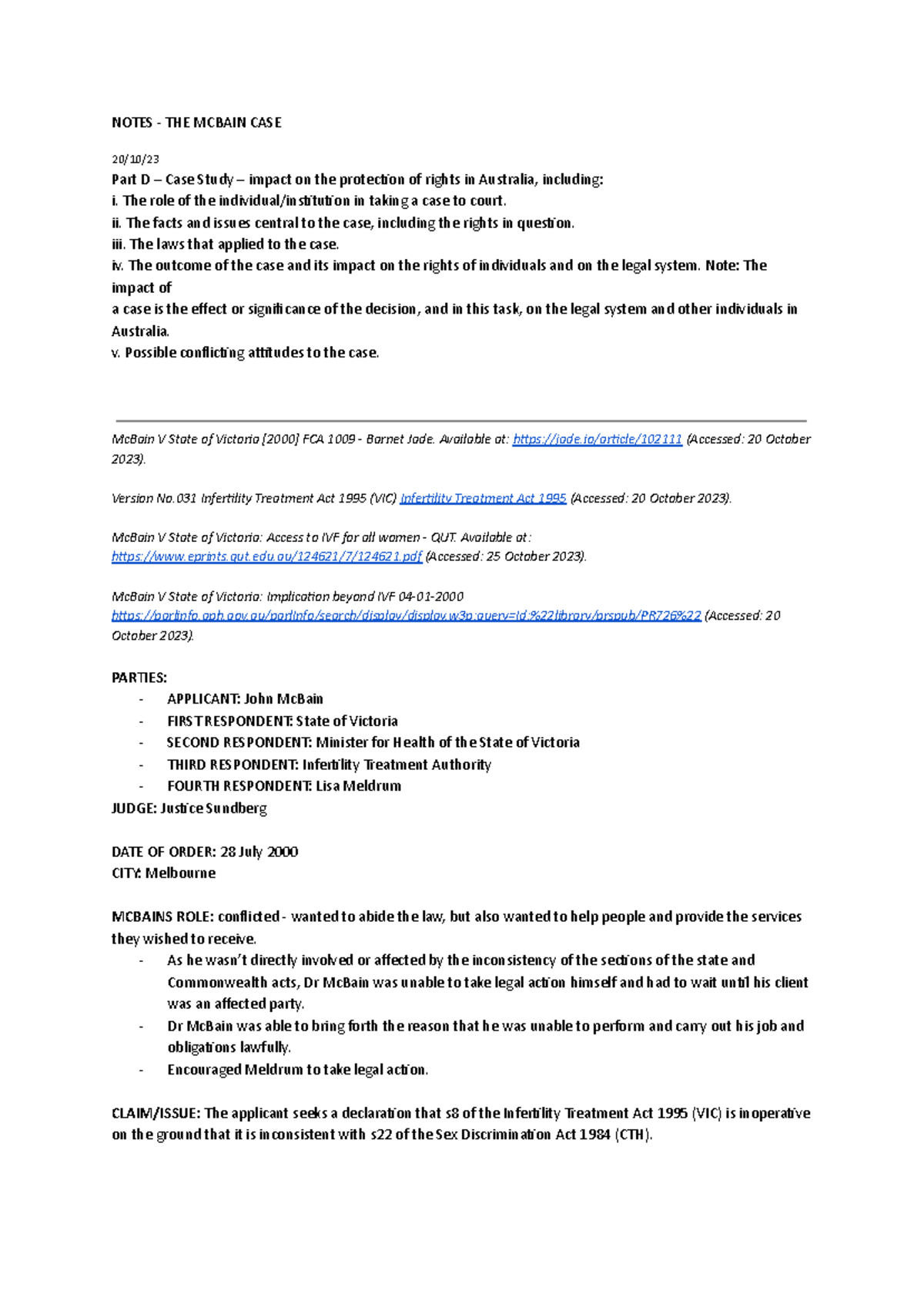McBain v State of Victoria (2000): Case Study Notes Analysis - Studocu