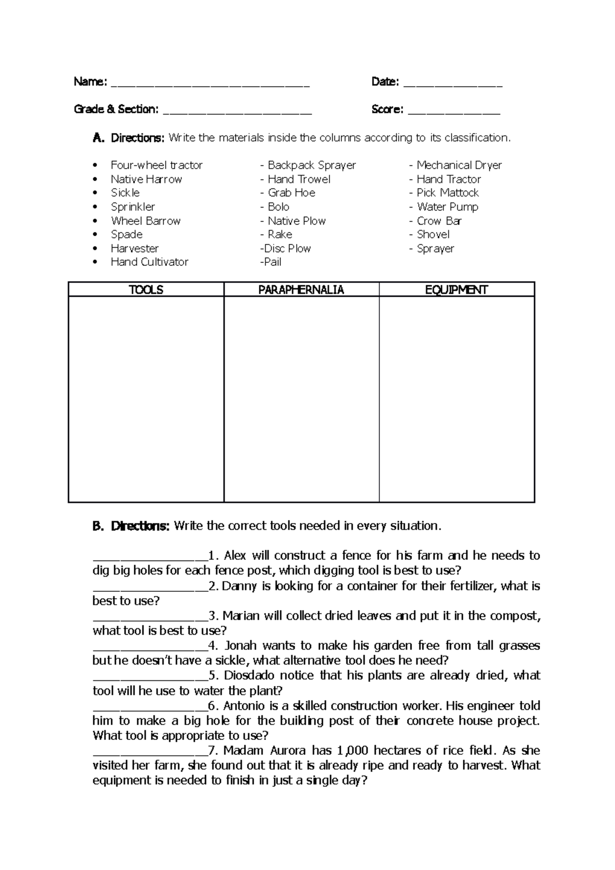 Long Quiz In Tle 7 8 Tools And Equipment Practice For Grades 7 8