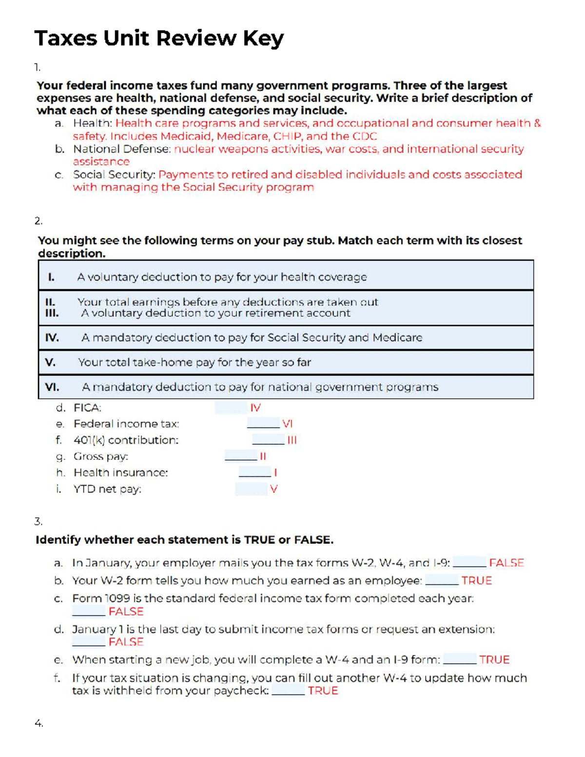 Taxes Unit Review Key: Key Concepts and Questions Analysis - FI 304 ...
