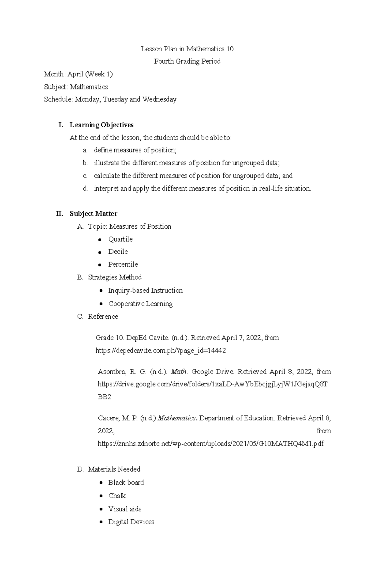 Lesson PLAN- Week 1 - Measures of Position - Lesson Plan in Mathematics ...