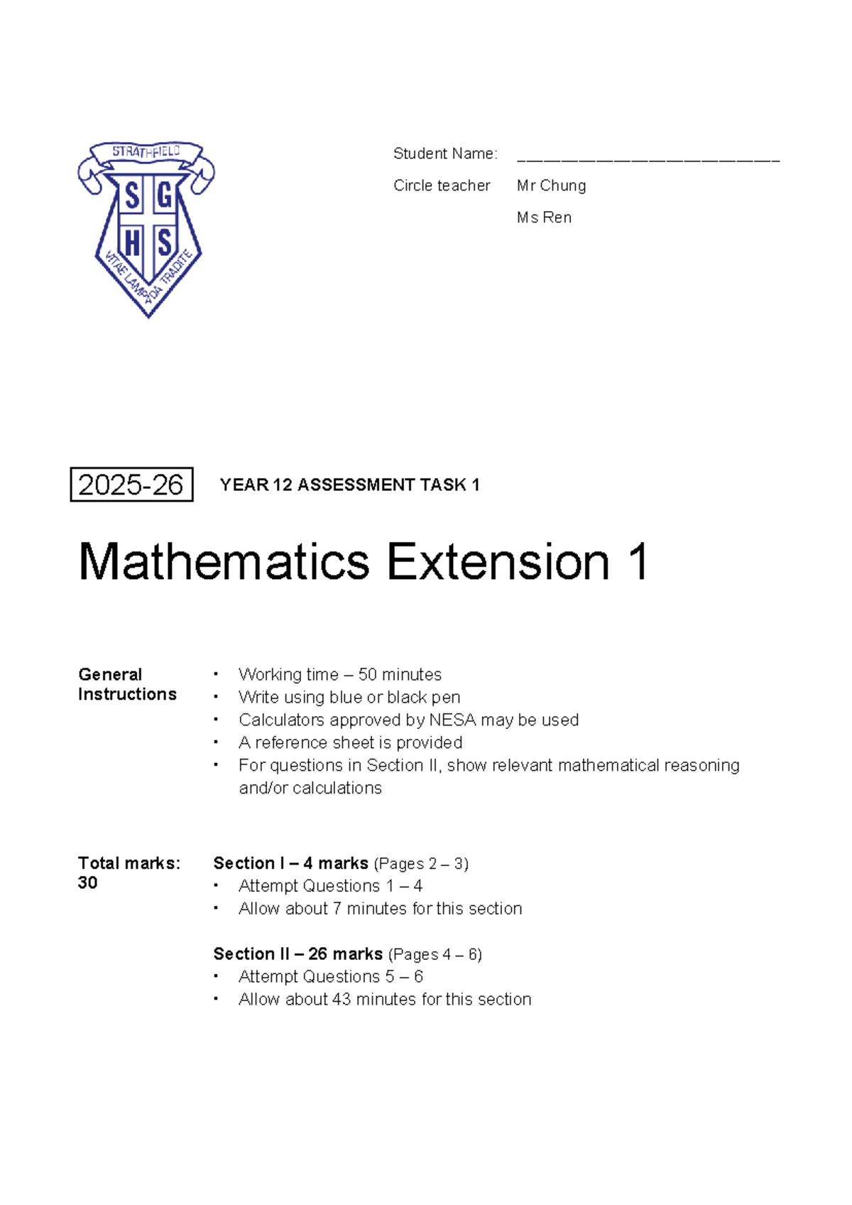 Maths Ext 1 Year 12 Assessment Task 1 - Exam Paper - Studocu
