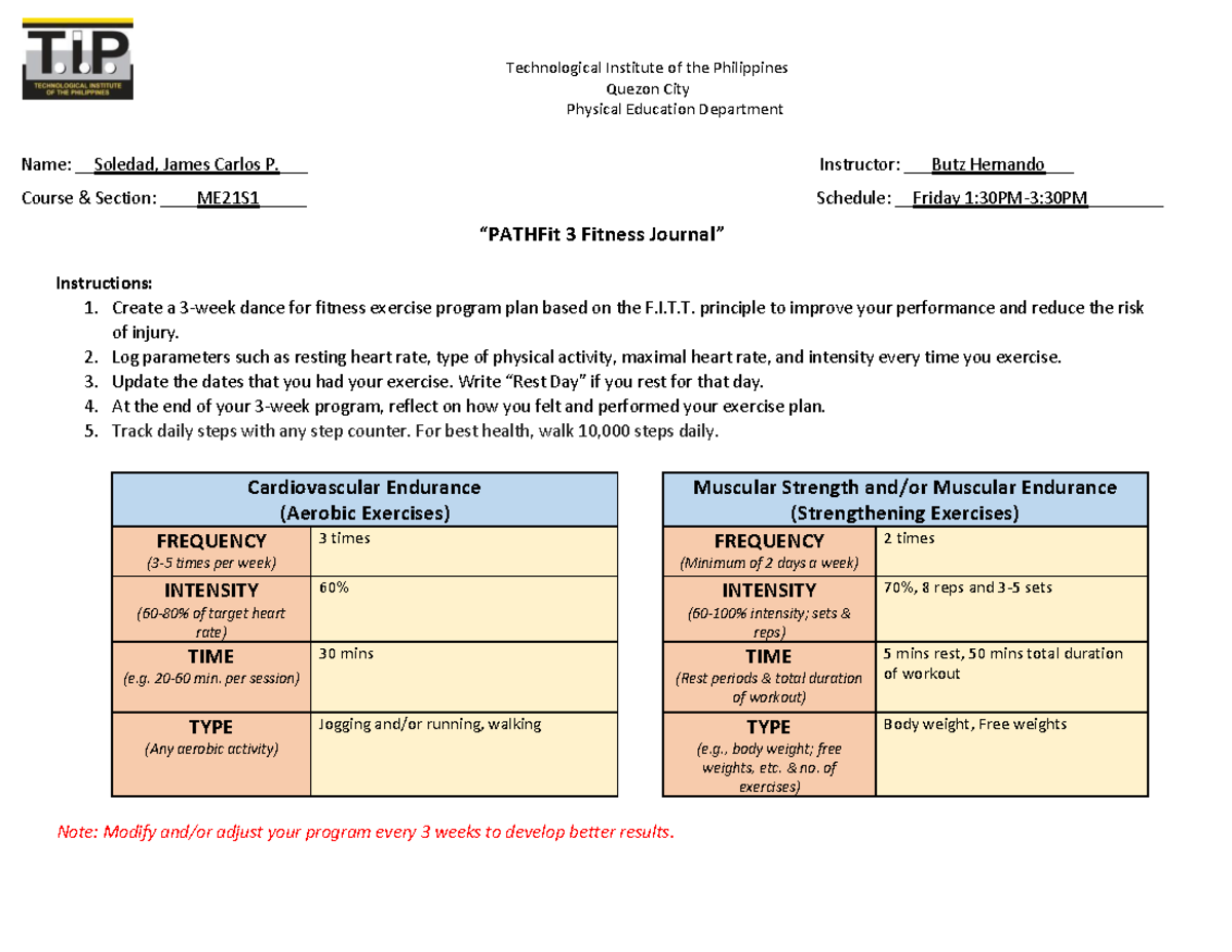 PE003 - Fitness Journal: Dance Program & Activity Log - Studocu