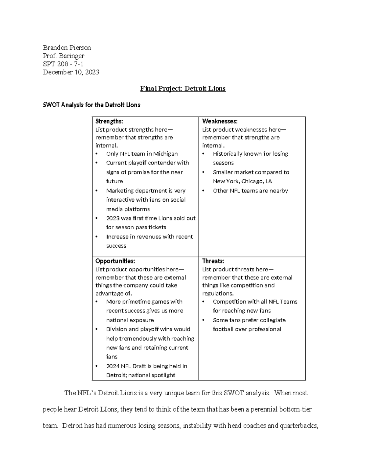 SPT 208 Final Project: SWOT Analysis of the Detroit Lions - Studocu