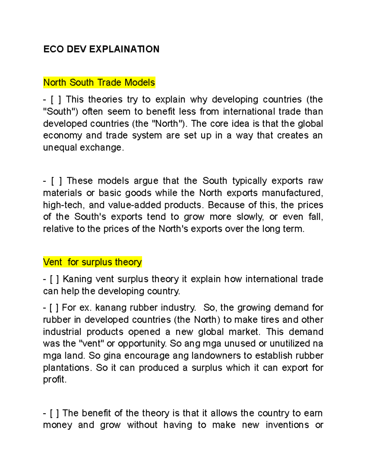 ECO DEV EXPLAINATION: North-South Trade Models Overview - Studocu