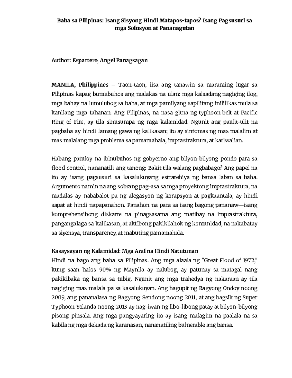 Baha sa Pilipinas: Isang Pagsusuri sa mga Solusyon at Pananagutan - Studocu
