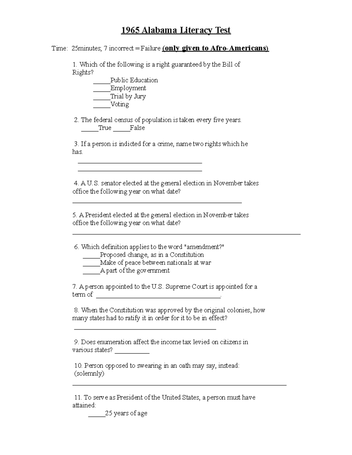 Literacy Test - american history - 1965 Alabama Literacy Test Time ...