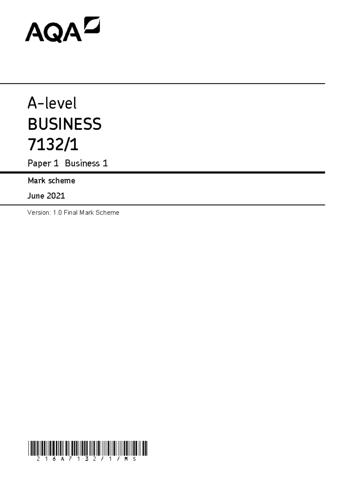 AQA 7132/1 Business Paper 1 Mark Scheme - June 2021 - Studocu