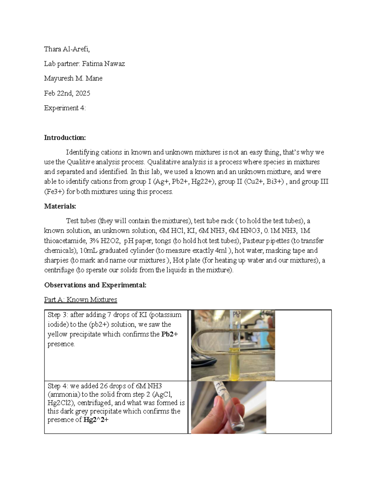 Chemical Analysis of Unknown Mixture #222 - Laboratory Report for Chem 101 - Thara Al-Arefi, Lab ...