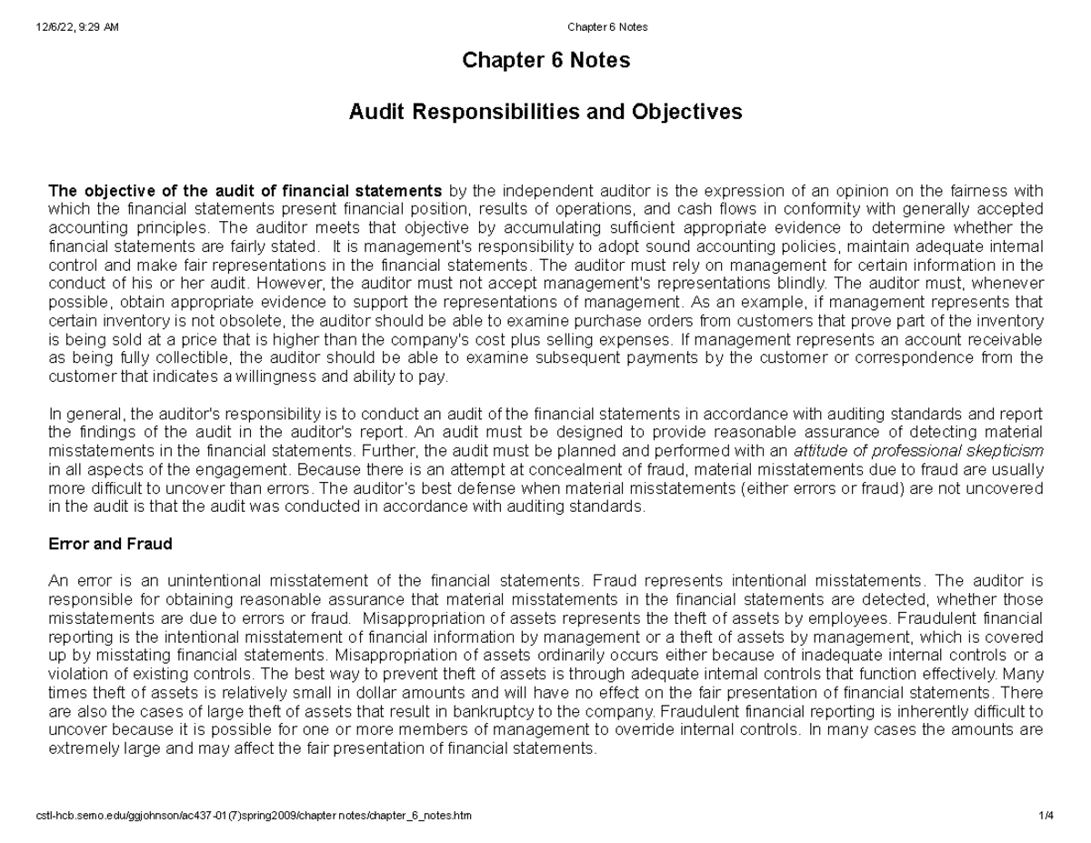 Chapter 6 Notes Audit Responsibilities and Objectives - The auditor ...