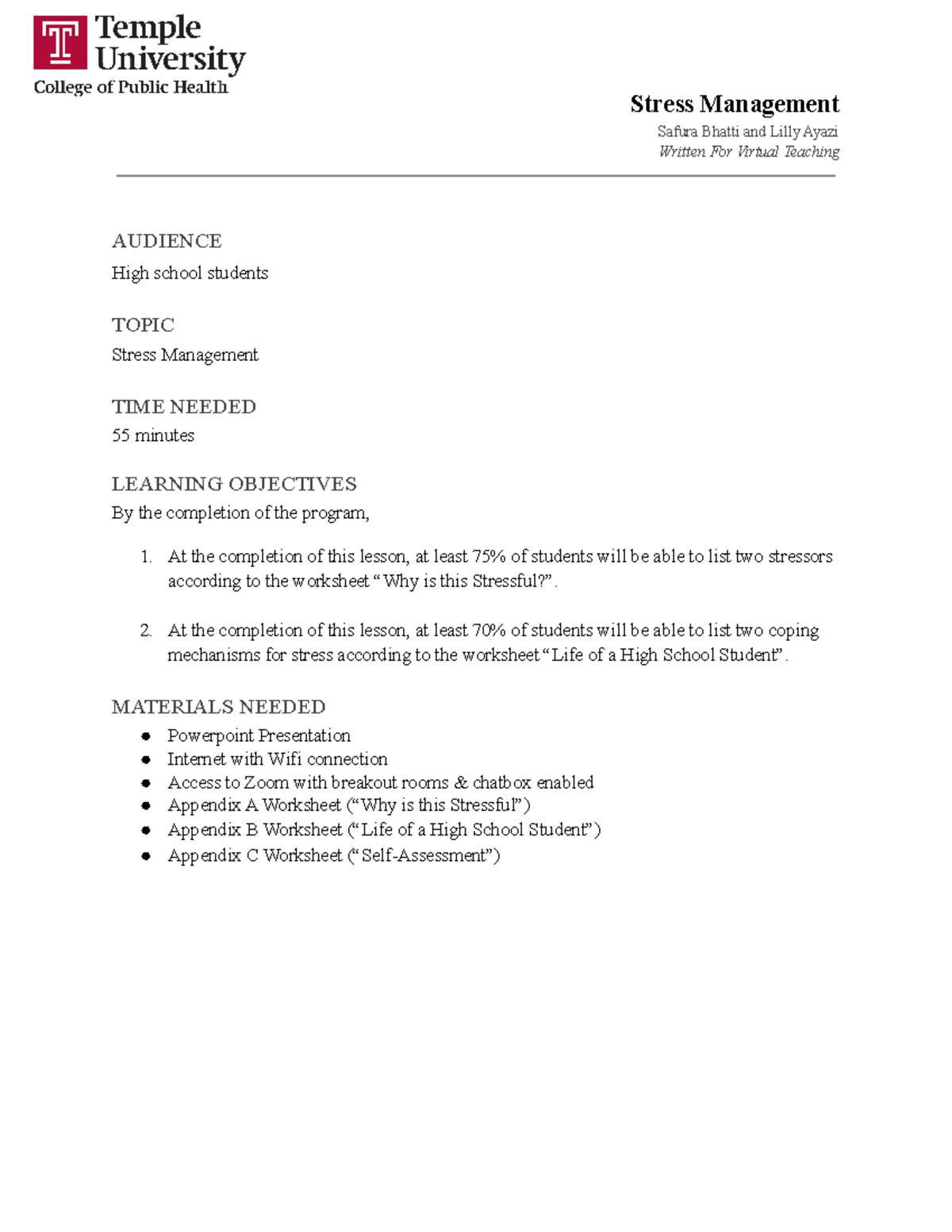 Stress Management Lesson Plan - Safura Bhatti and Lilly Ayazi Written ...