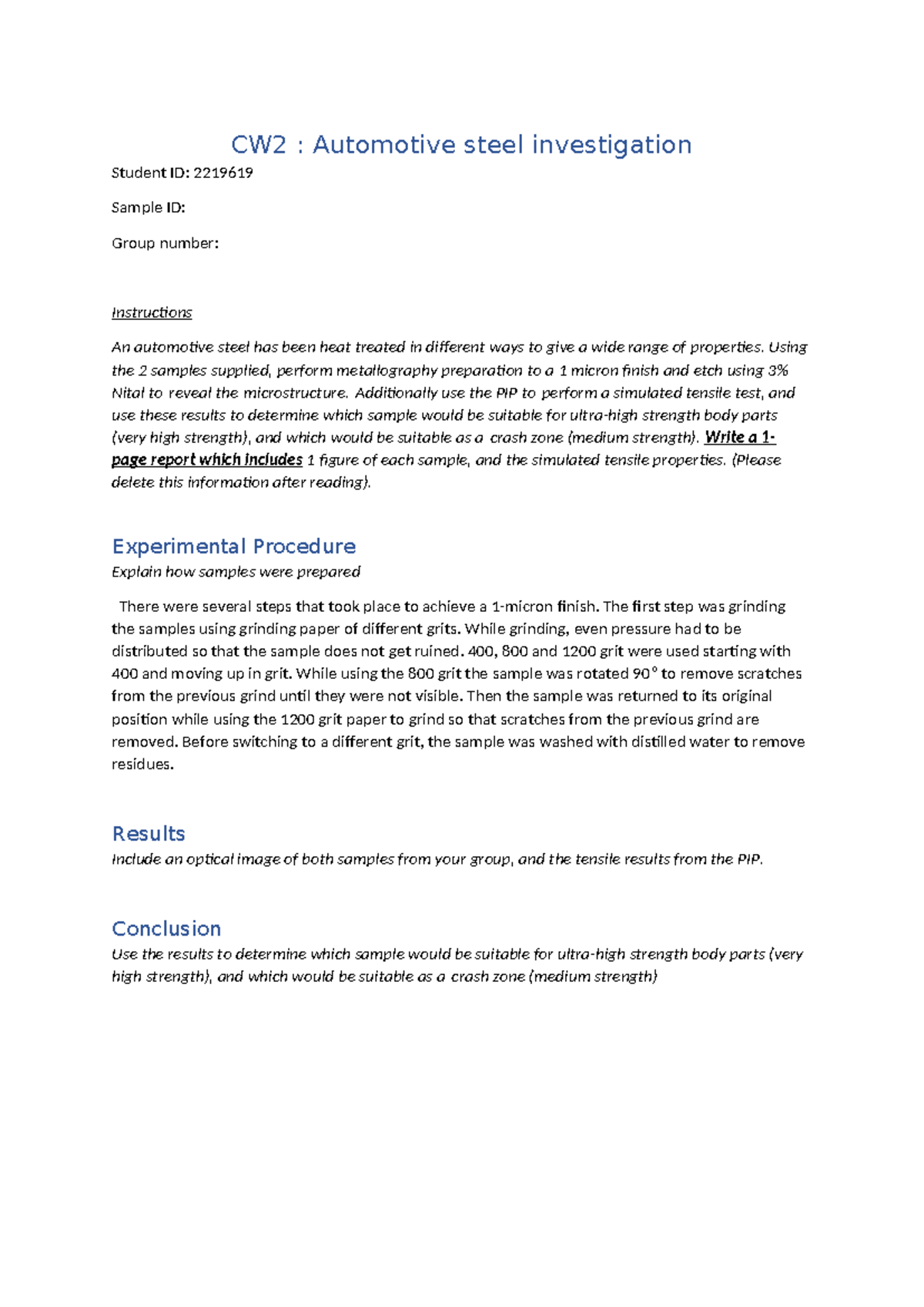 CW2 - notes - CW2 : Automotive steel investigation Student ID: 2219619 ...