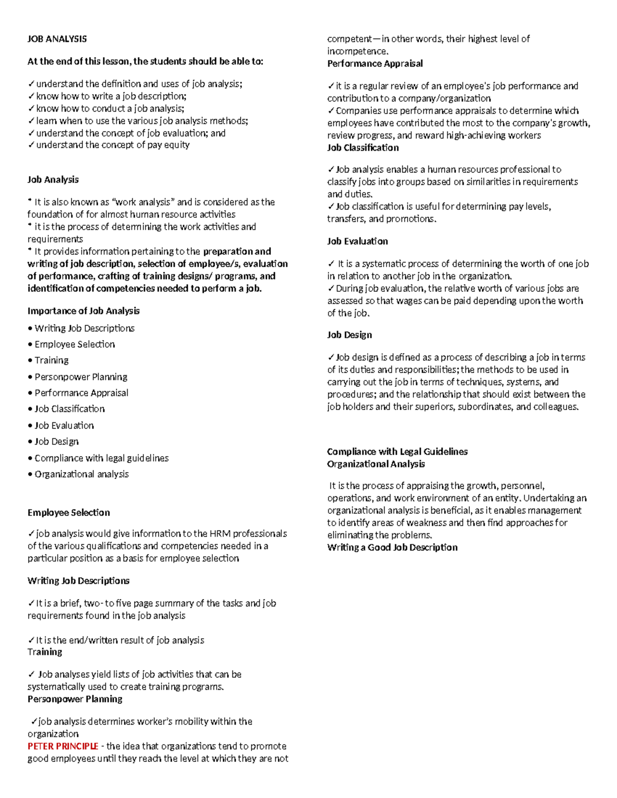 JOB Analysis Notes for PsyInd Course - Studocu