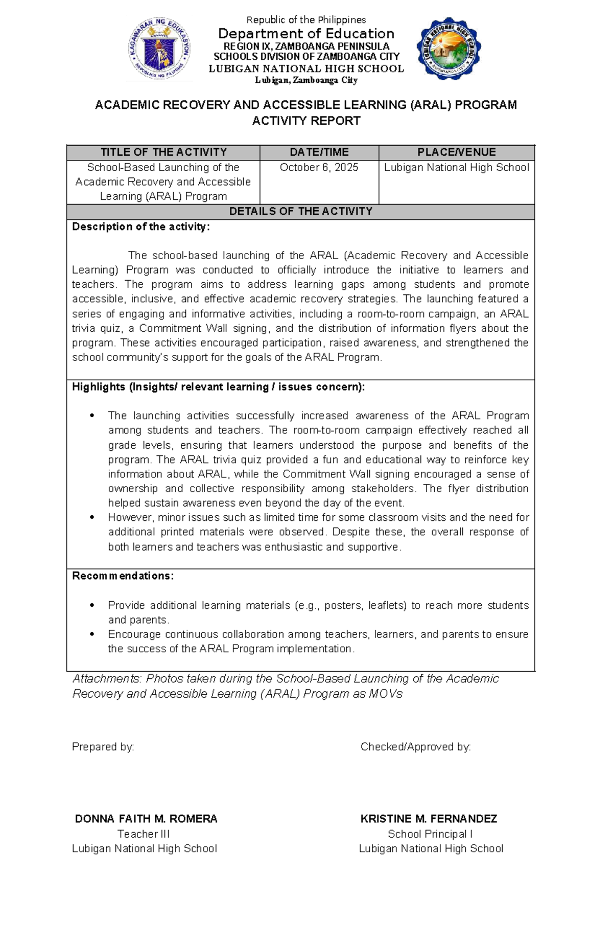 ARAL Program Launch Activity Report - Lubigan National HS - Studocu