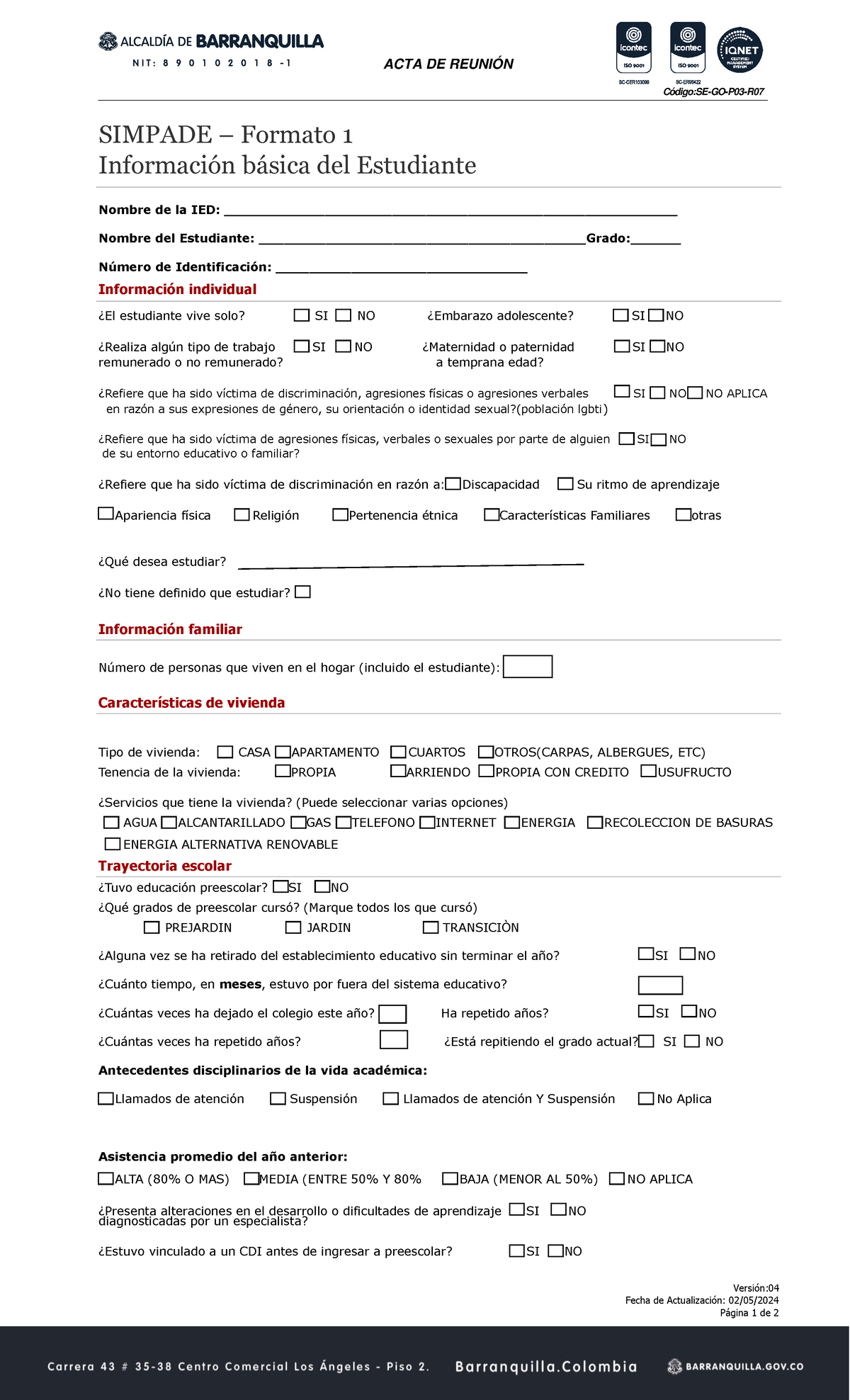 Formato Simpade 2025: Información Básica del Estudiante - Studocu