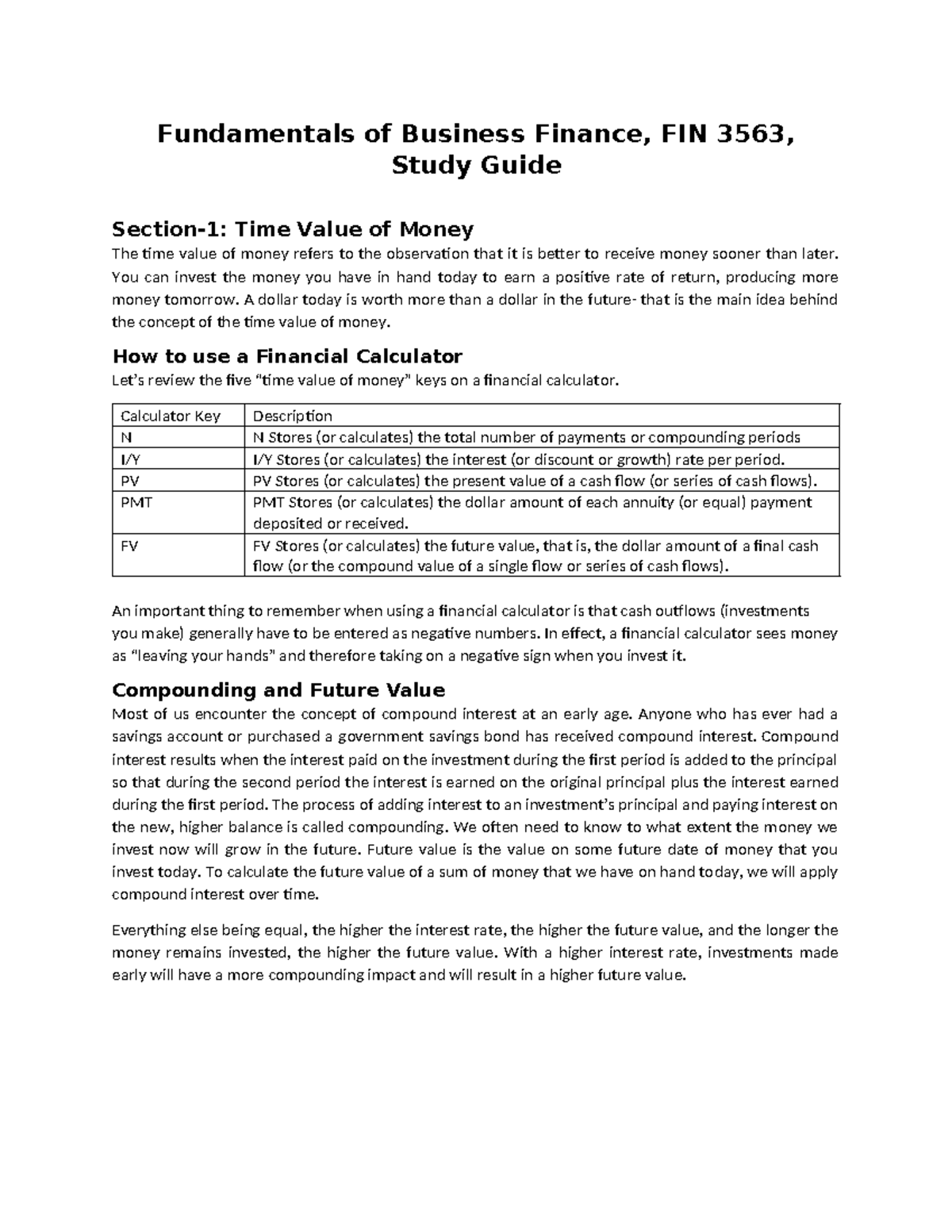 Fundamentals of Business Finance Study Guide, FIN 3563: Time Value of ...