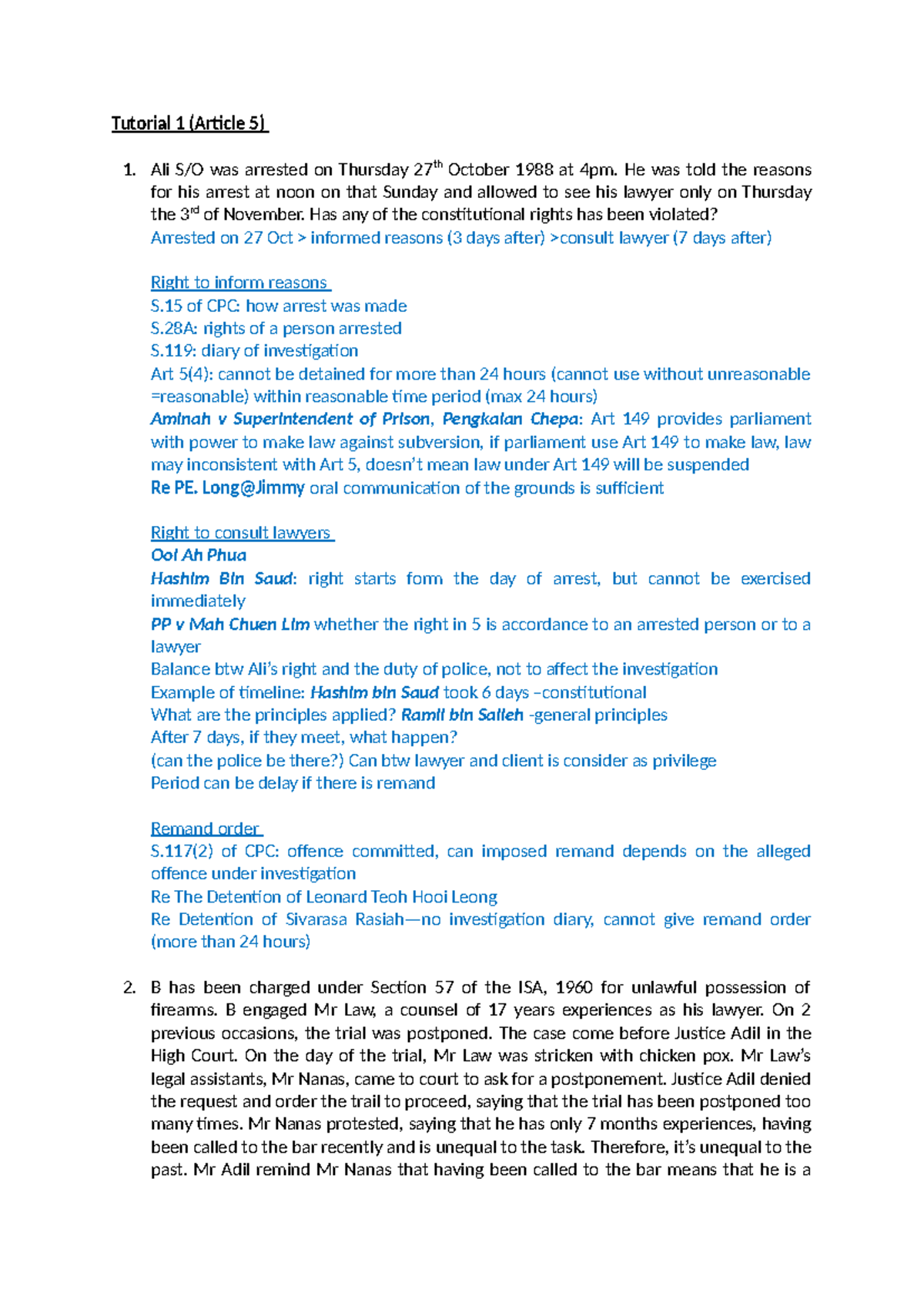Tutorial 1: Constitutional Rights and Legal Proceedings Analysis - Studocu