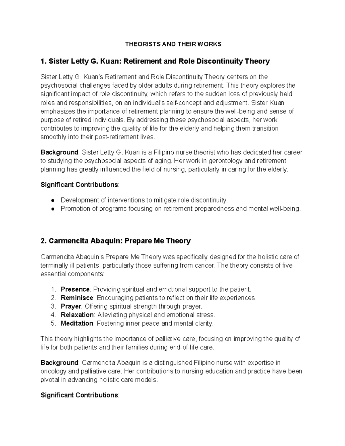 Summary tfn nanaman 1 - THEORISTS AND THEIR WORKS 1. Sister Letty G ...