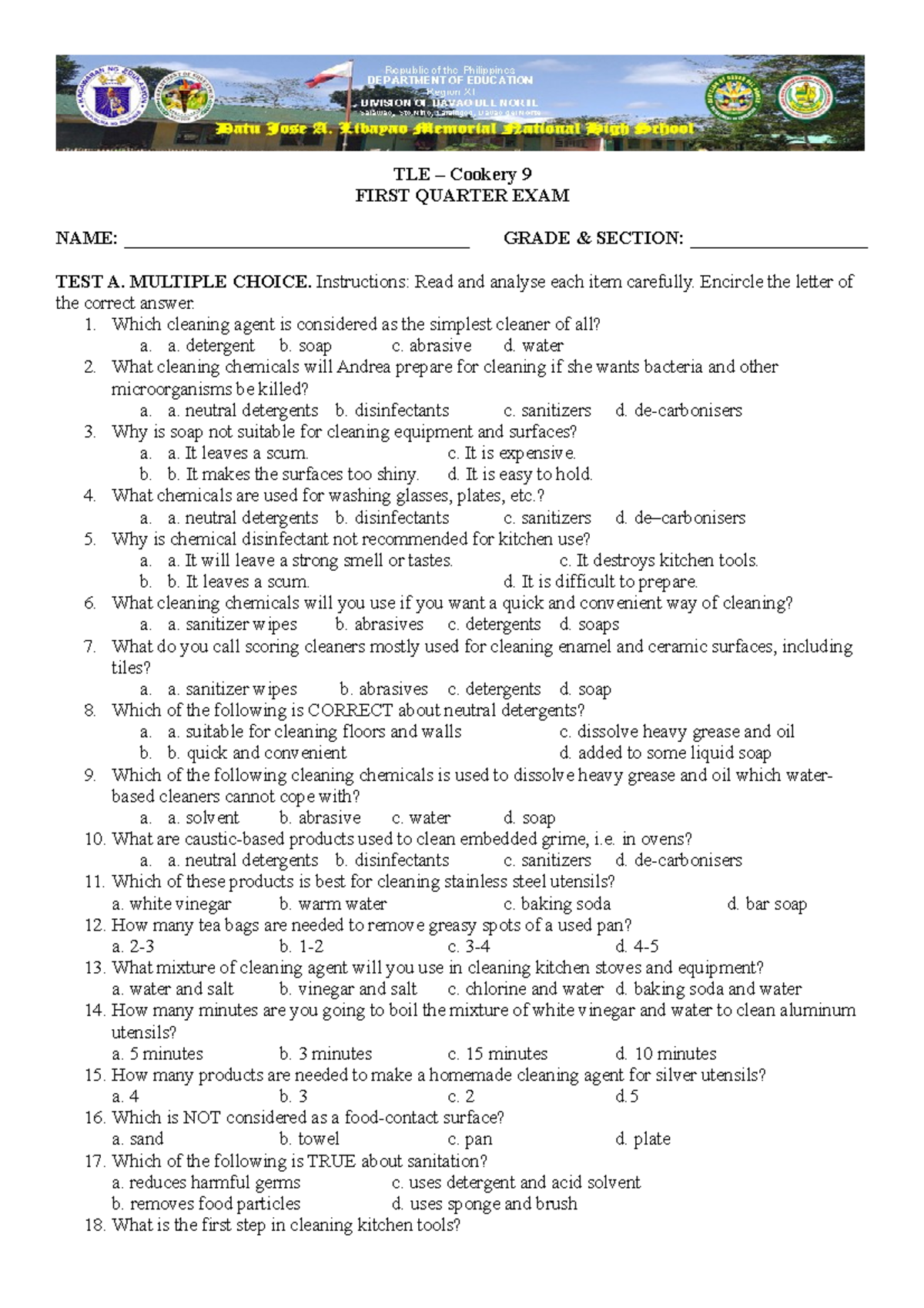 Cookery 9 First Quarter Exam Review & Practice Questions - Studocu