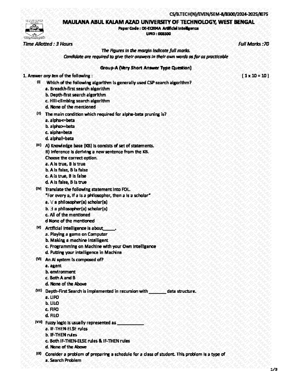 Artificial Intelligence Exam Questions - MAKAUT Utech Code UPID 008300 ...
