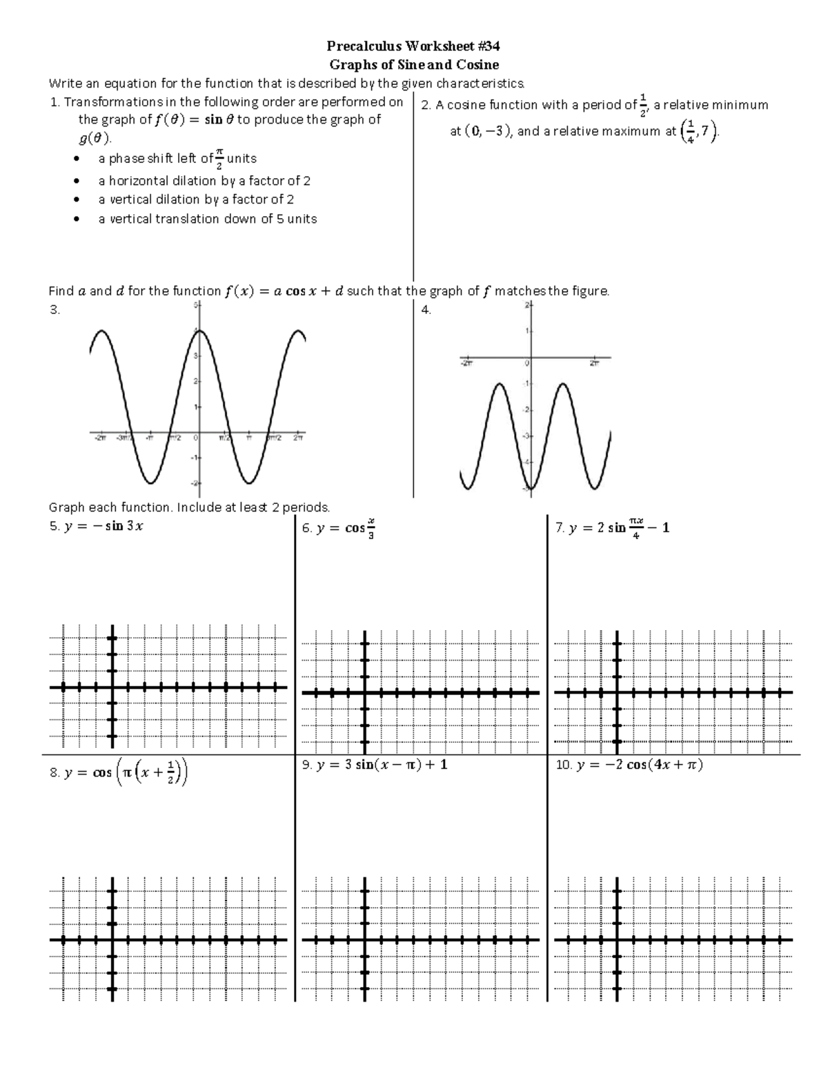 Sine And Cosine Graphs Worksheet Graphing Sine And Cosine