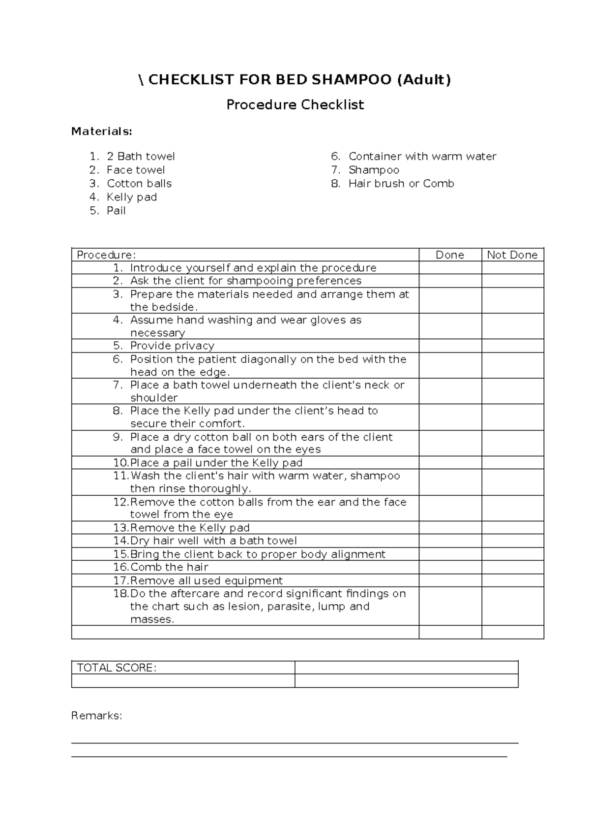 Adult Bed Shampoo Procedure Checklist - Studocu