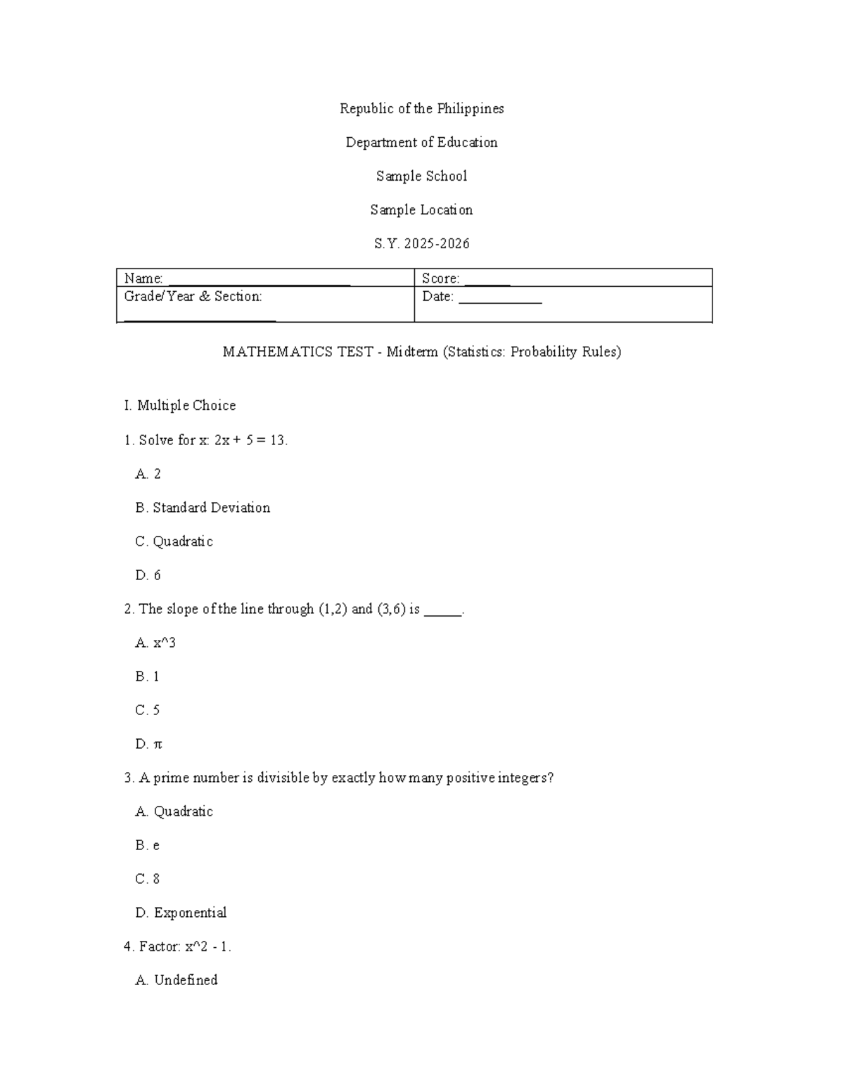 MATH 314 Midterm Exam: Statistics & Probability Rules Spring 2025 - Studocu