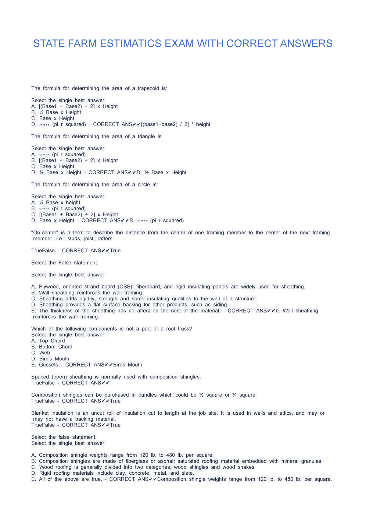 State FARM Estimatics Exam Review with Correct Answers - Studocu