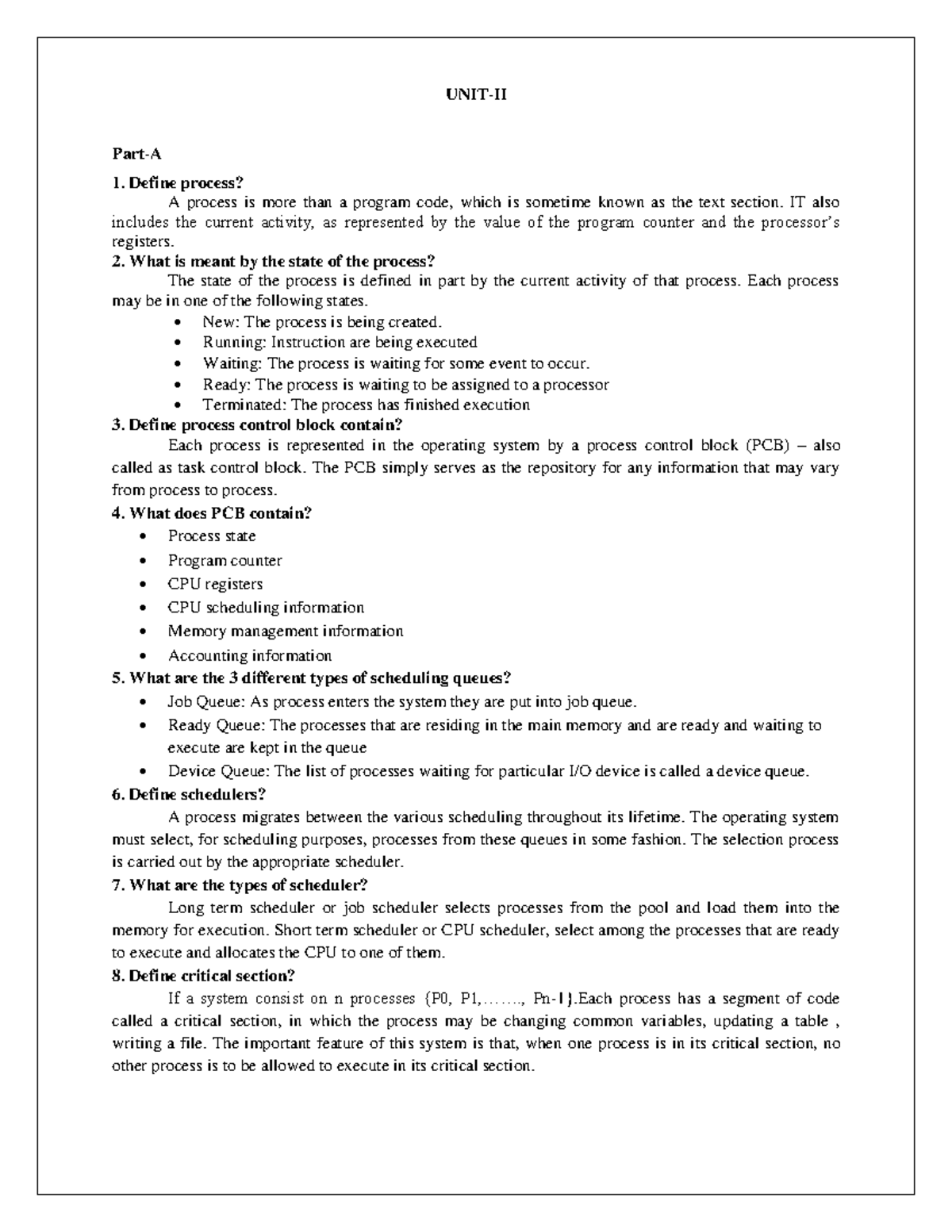 QBUnit II - Operating Systems Question Bank and Key Concepts - Studocu