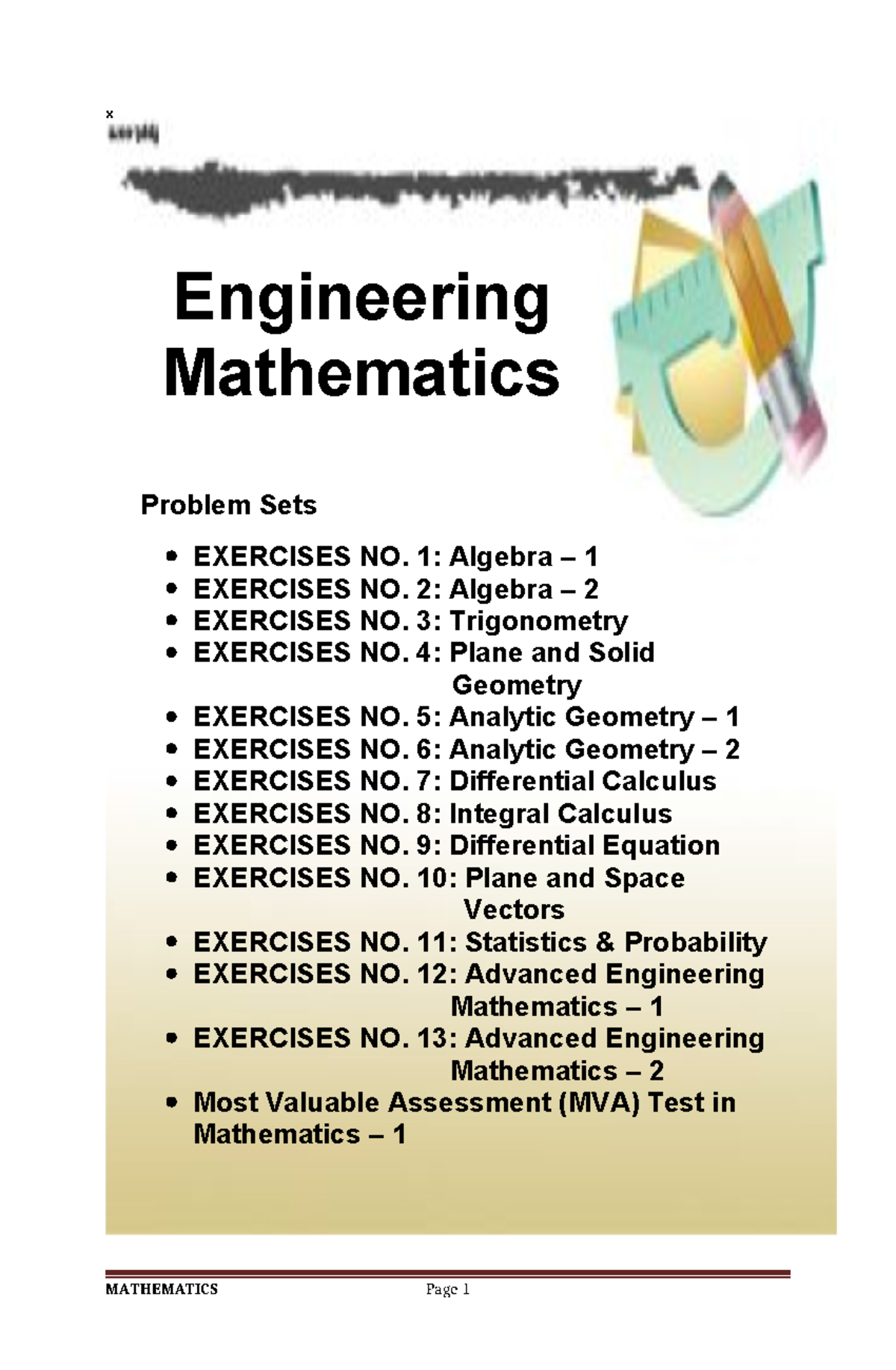 Mathematics Problem Sets for Engg: Algebra, Trig, & Analytic Geometry ...