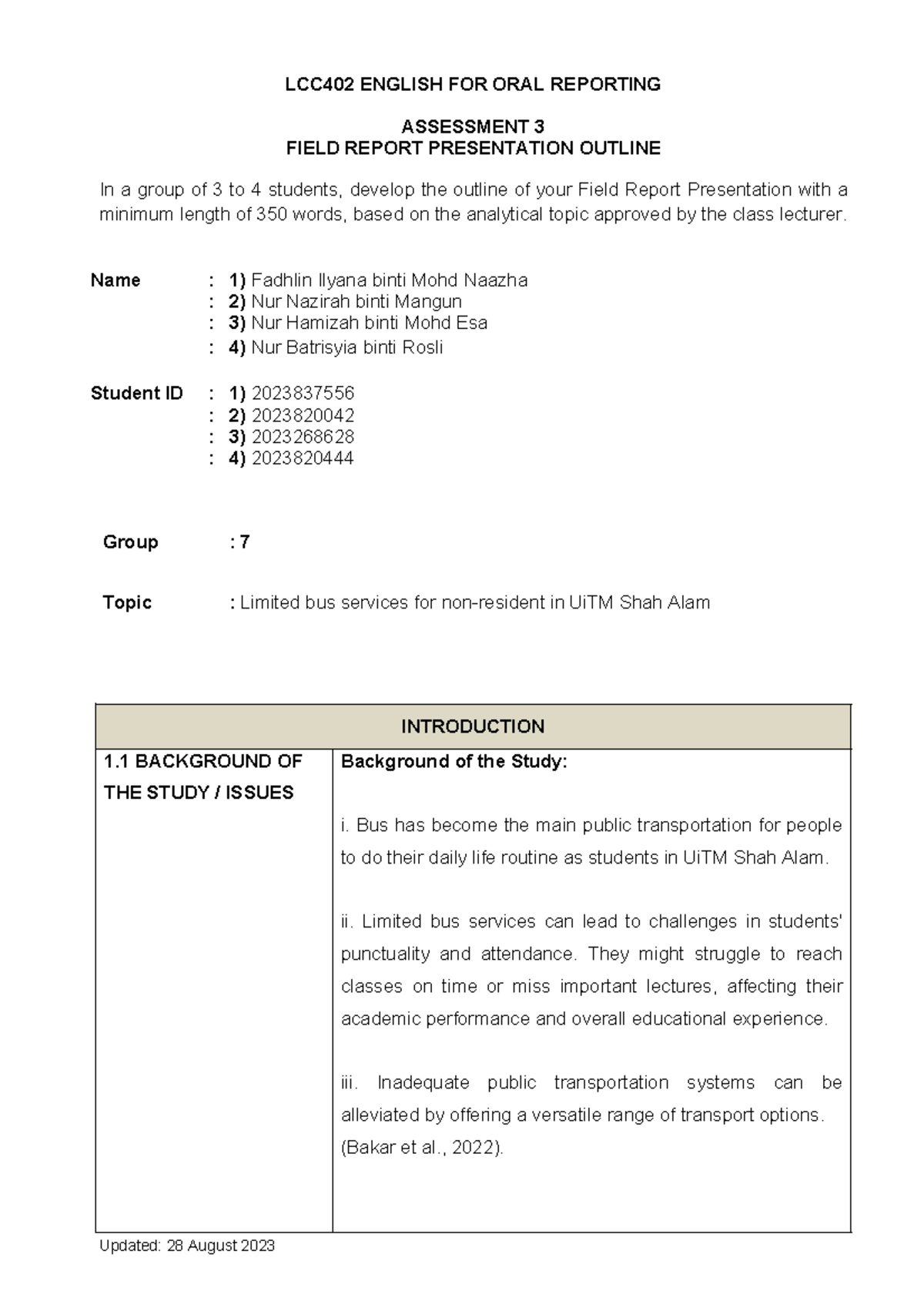Field Report Presentation Outline - LCC402 Assessment 3 - Studocu