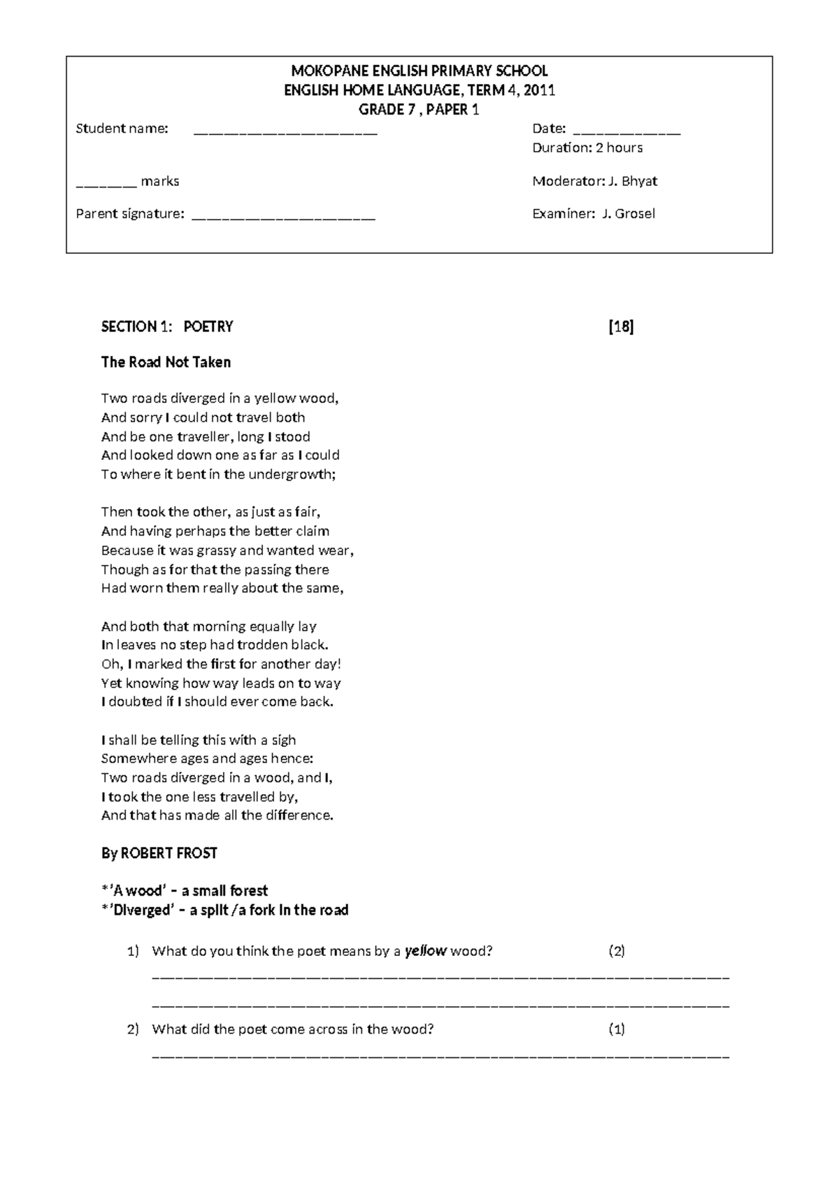 Grade 7 English Home Language Term 4 Exam: Poetry & Comprehension - Studocu