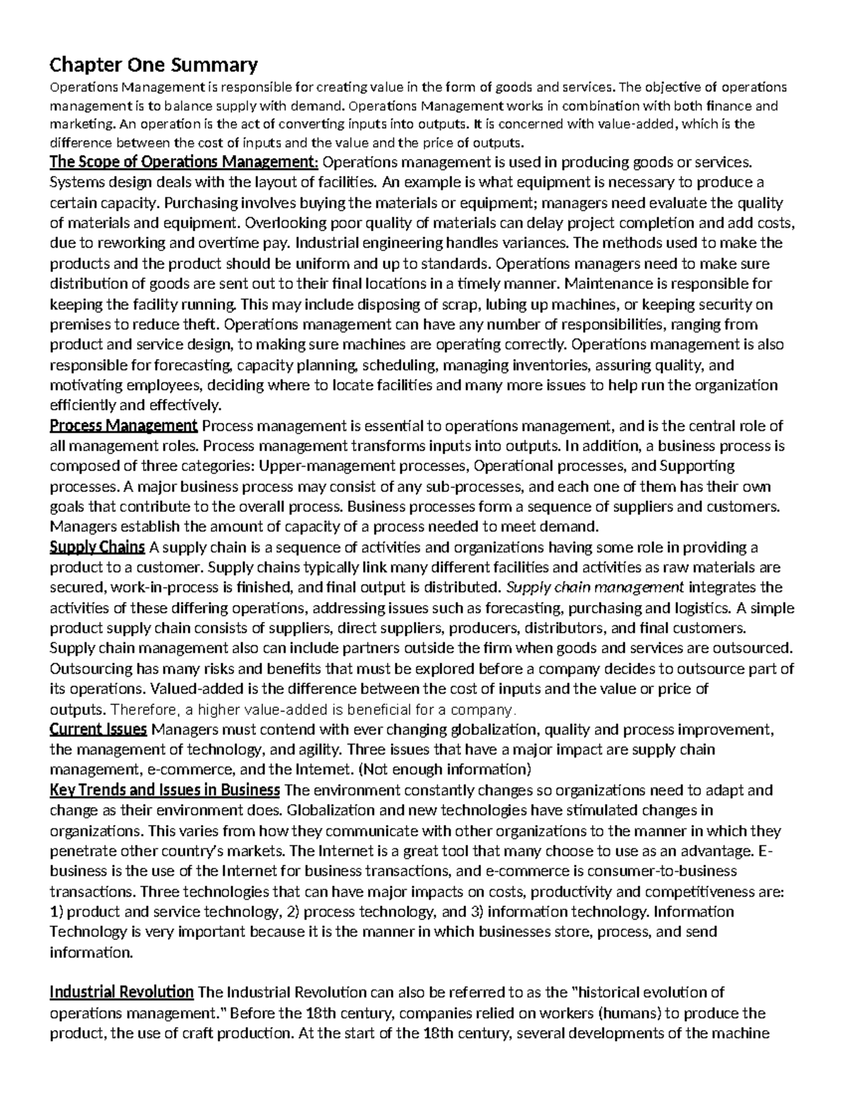 Chapter 1 Summary: Key Concepts in Operations Management - BBA - Studocu