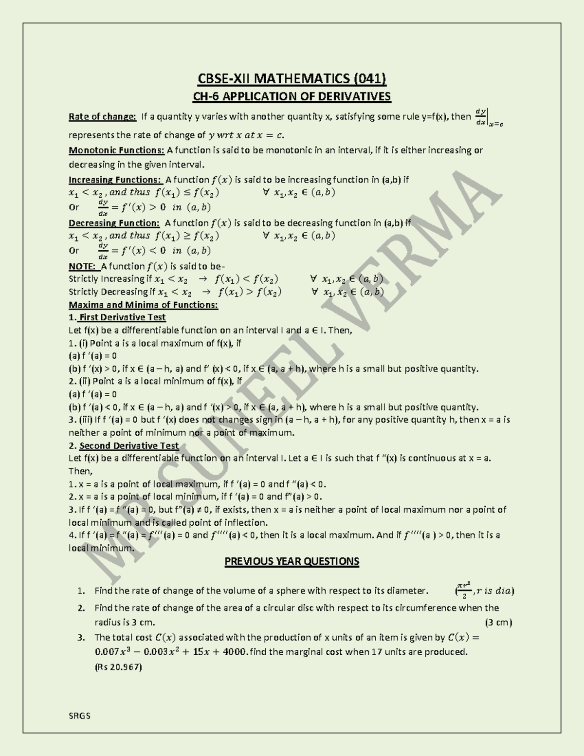 MATHEMATICS (041) APPLICATION OF DERIVATIVES: Rate of Change ...