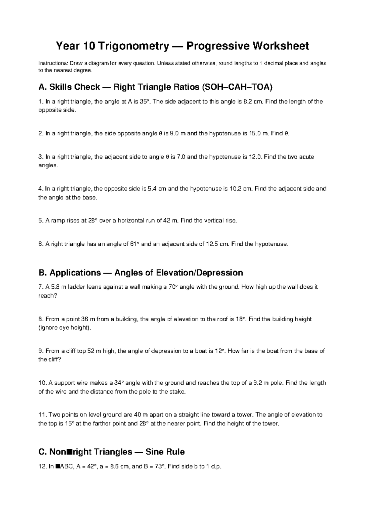 Year 10 Trigonometry Worksheet: Skills, Applications & Sine Rule - Studocu