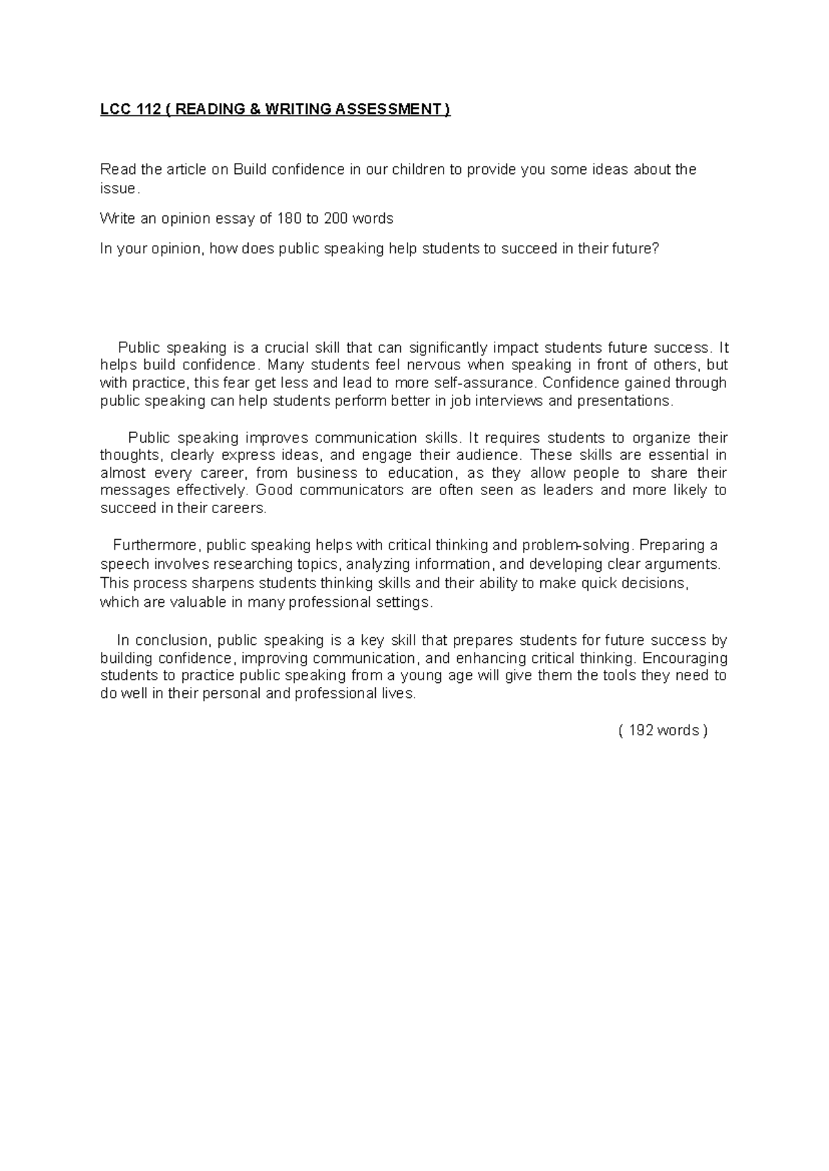 LCC 112 - Essay Notes on Public Speaking for Future Success - Studocu