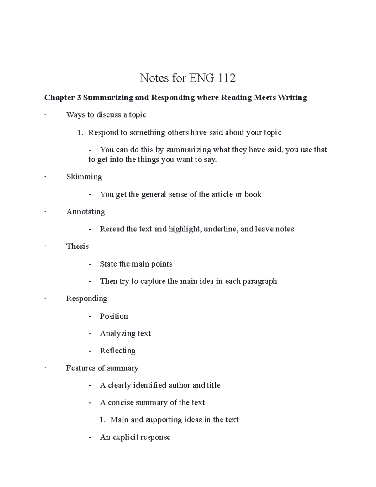 ENG 112 Lecture Notes: Summarizing, Analyzing, and Reporting Key ...
