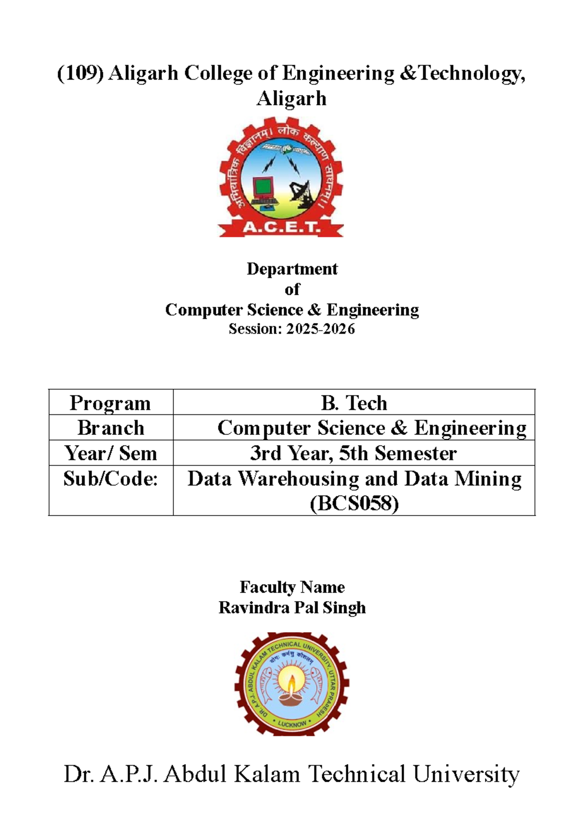 bcs 054 Lecture Plan - B.Tech CSE (3rd Year) - (109) Aligarh College of Engineering &Technology ...