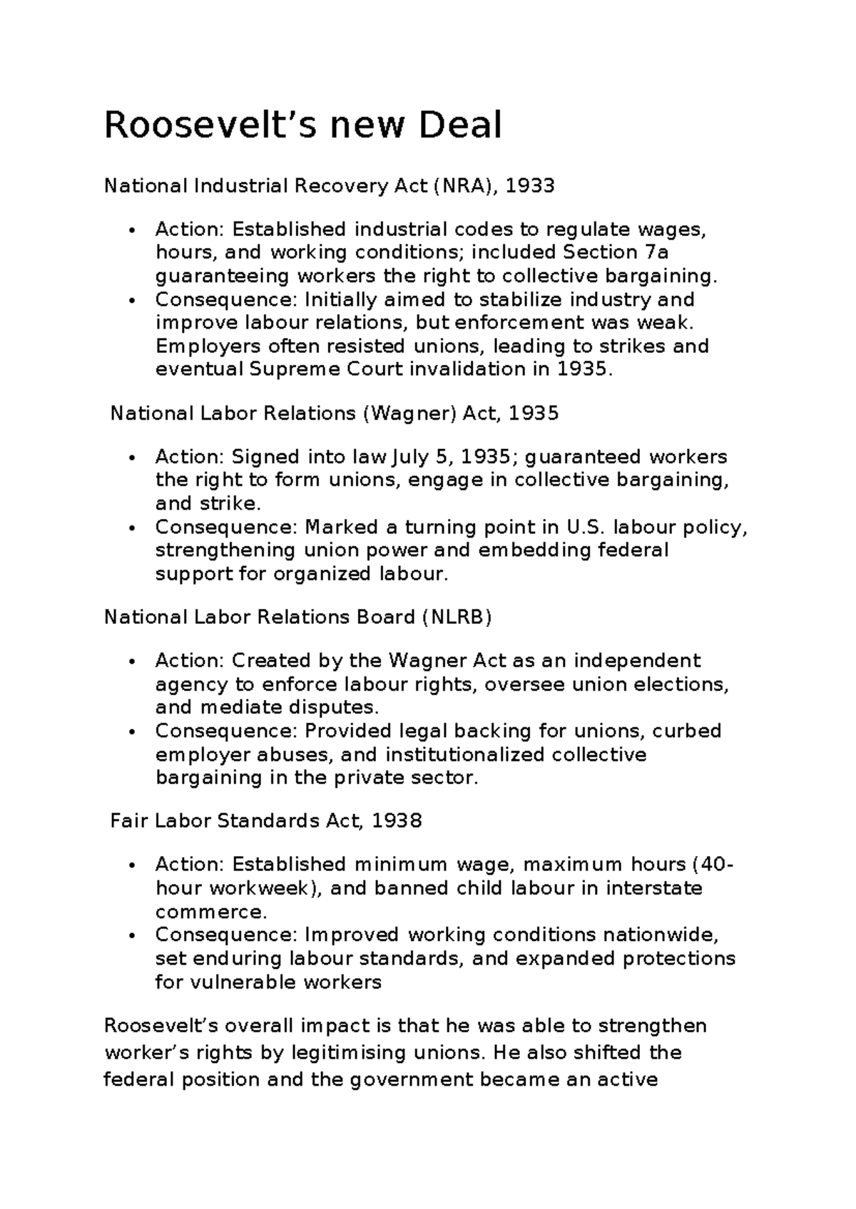 Roosevelt's New Deal: Key Acts & Their Impact - Exam Prep Notes - Studocu