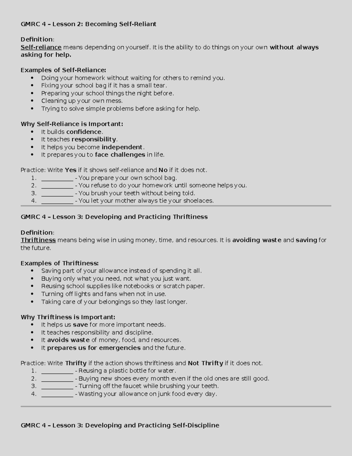 GMRC 4 Lessons 2-4: Independence & Thriftiness Concepts - Studocu