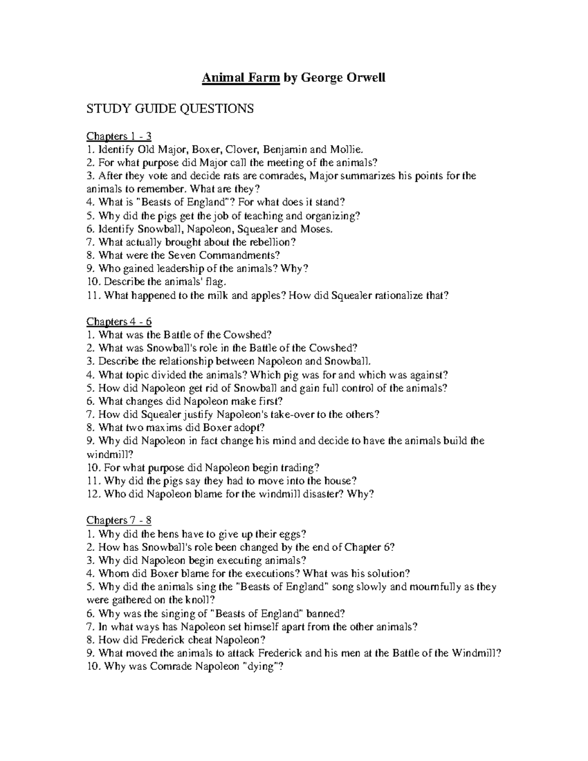 Animal Farm (ENG 101) Study Guide Questions: Chapters 1-8 - Studocu
